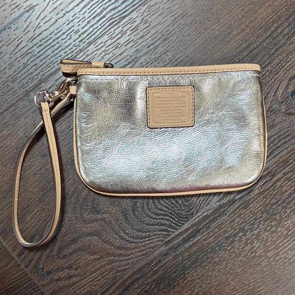 Coach | Bags | Coach Shimmering Silver Wristlet With Tan Trim | Poshmark